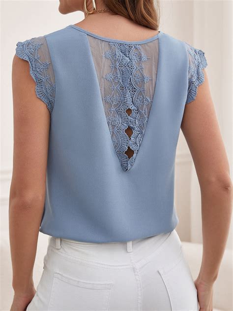 Shein Frenchy Contrast Embroidery Mesh Scallop Trim Blouse