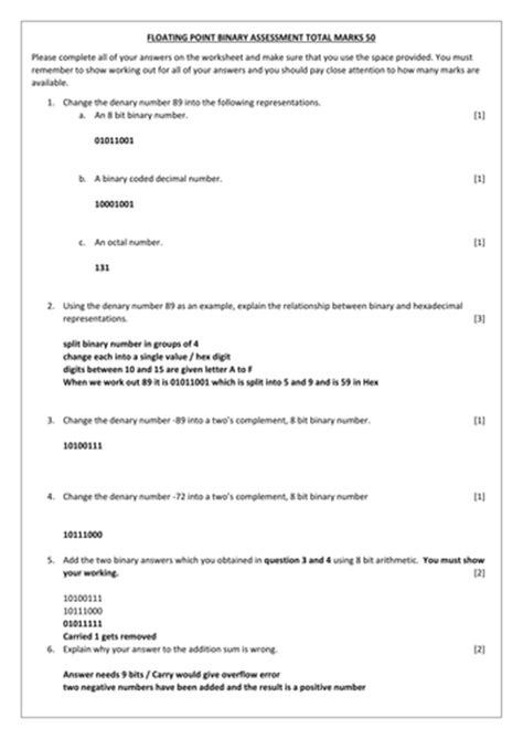 a level computer science floating point binary test with answers
