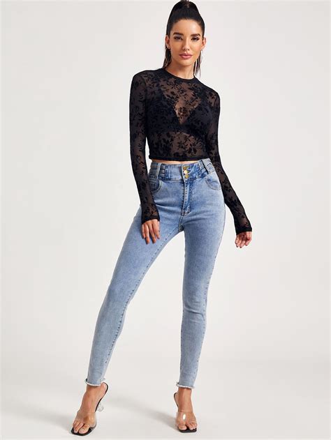 Shein Bae Mock Neck Flocked Mesh Top Without Bra Shein Uk