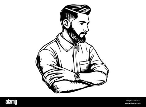 Hand Drawn Portrait Of Bearded Man In Profile Hipster Ink Sketch