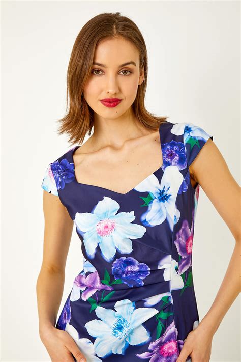 Navy Premium Stretch Floral Frill Hem Dress Roman Uk