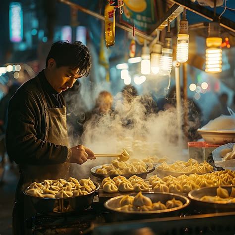 Premium Photo Street Food Vendors Preparing Dumplings At A Night