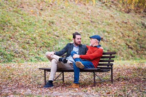 Senior Father And His Son Sitting On Bench In Nature Talking Stock
