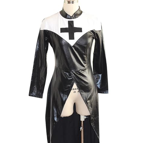 Sexy Wetlook Nun Costume Cosplay Plus Size M L Xl Xxl Black Vinyl
