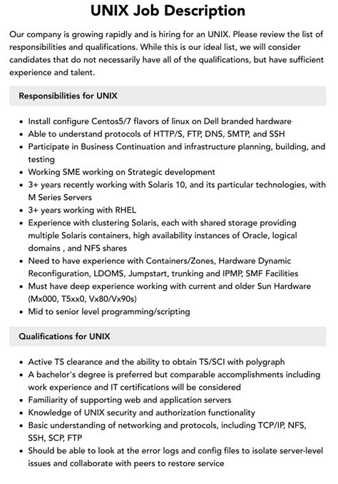 unix job description velvet jobs