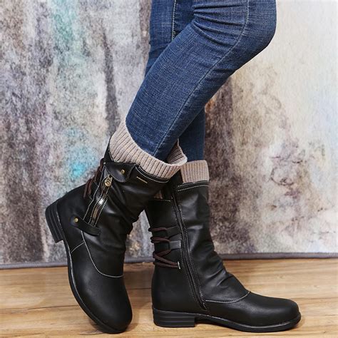 Okbop Womens Low Heeled Mid Calf Boots Winter Square Toe Vintage Warm