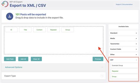 export acf repeater and group fields to csv or xml wp all import 文档