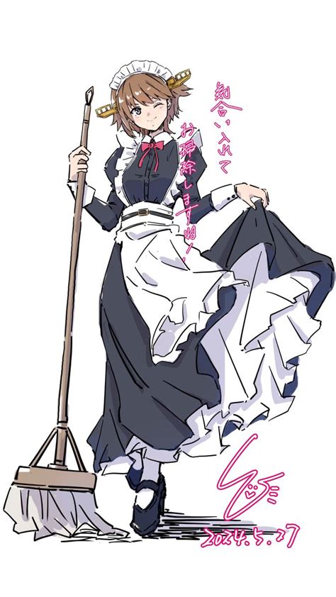 Safebooru 1girl Alternate Costume Apron Black Dress Broom Brown Hair