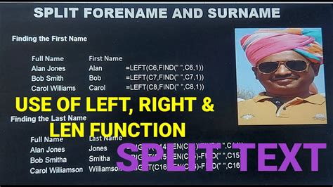 use of left right and len function split first name and last name text