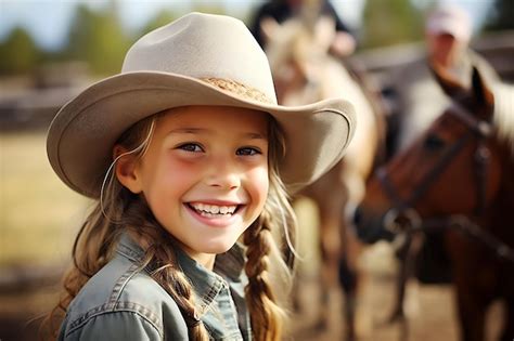 軽いカウボーイ ハットをかぶったカウガールの子供が放牧馬を背景にポーズをとる プレミアム写真