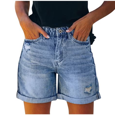 Entyinea Women Mid Rise Ripped Stretchy Jeans Shorts Frayed Raw Hem