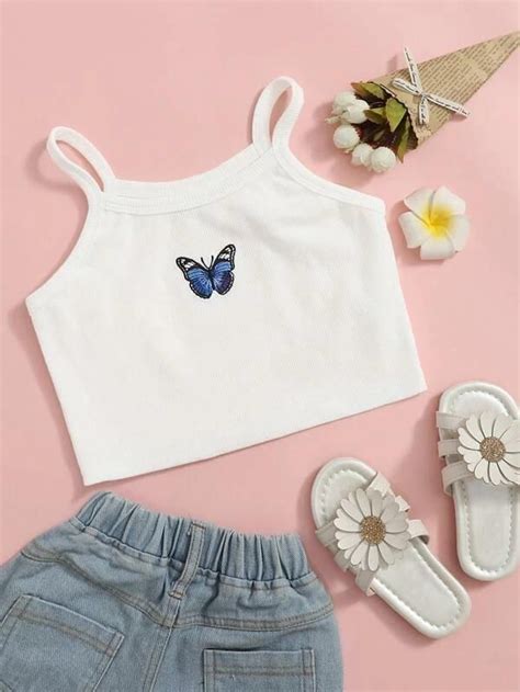 Girls Butterfly Embroidery Rib Knit Cropped Cami Top In 2021 Shein