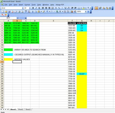 search excel output find result or cell location in array or