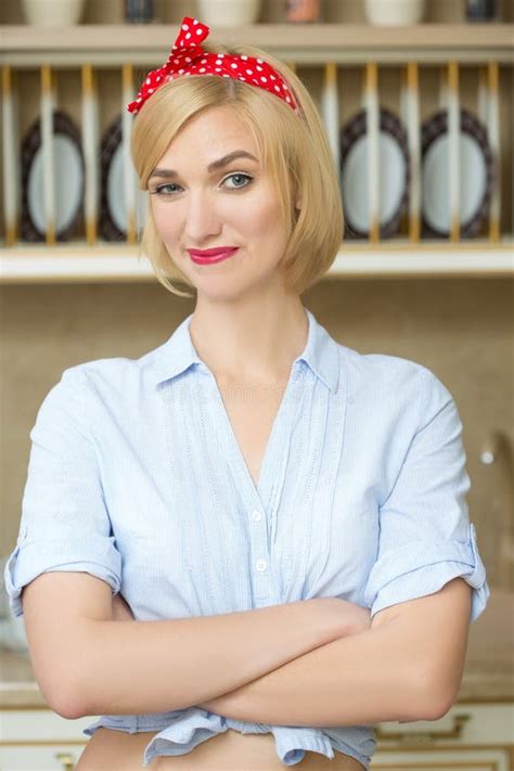 Beautiful Pin Up Girl On A Kitchen Retro Style Stock Image Image Of