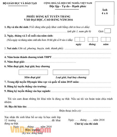 Phiếu đăng Ký Tuyển Thẳng Vào đại Học Cao đẳng Năm 2016 Hoatieu Vn