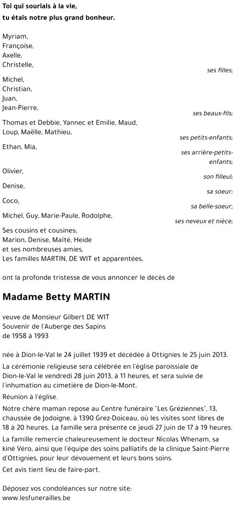 Avis De Décès De Betty Martin Décédé Le 25 06 2013 à Ottignies