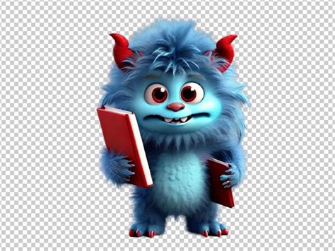 Premium Psd 3d Blue Furry Monster Holding Book