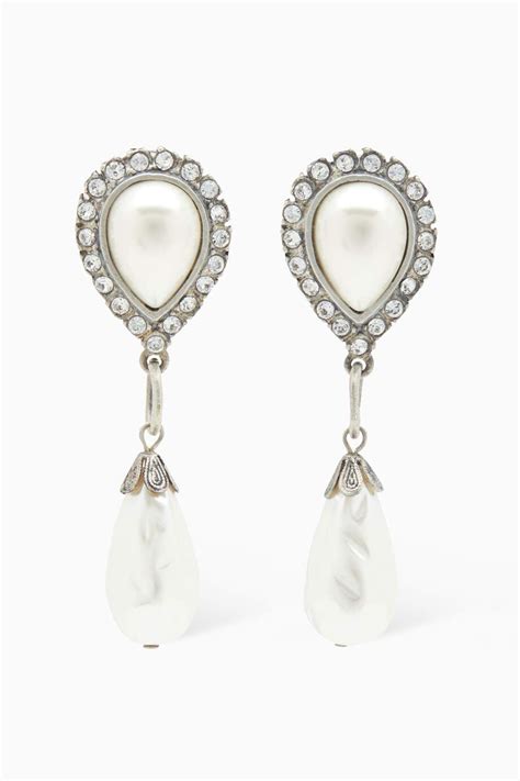 Shop Alessandra Rich Silver Pearl Pendant Drop Clip Earrings For Women