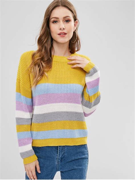 Zaful Pullover Colorful Stripes Sweater Multi A One Size Pullover
