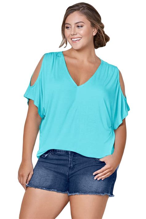 Turquoise Plus Size Cold Shoulder V Neck Top Dark Skirts Low Cut