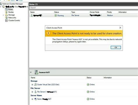 can t add a file share in failover cluster manager says access point