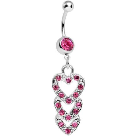 Pink Gem Triple Trickle Heart Dangle Belly Ring Belly Button Piercing