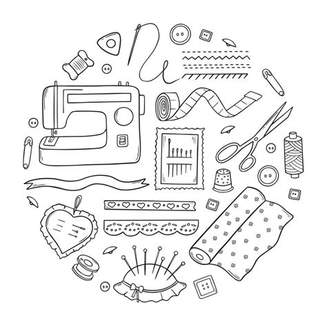 Hand Drawn Set Of Sewing And Needlework Doodle Craft Supplies And