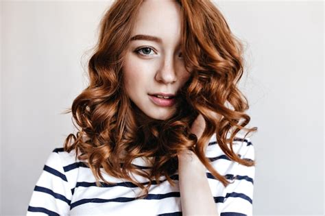Free Photo Close Up Portrait Of Sensual Curly Woman Wears Striped
