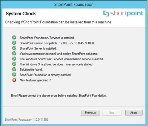 installation failed system check step error in new features specified