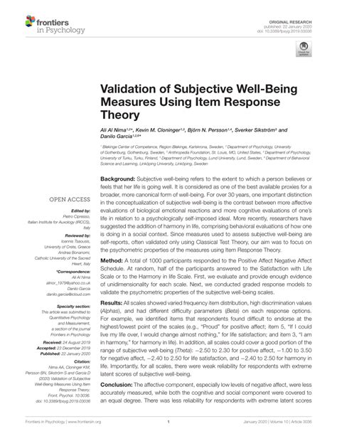 Pdf Validation Of Subjective Well Being Measures Using Item Response