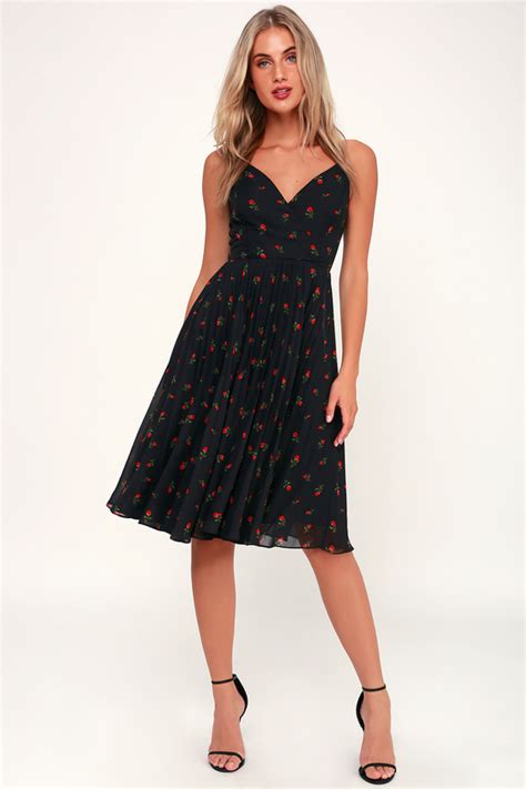 Lovely Black Dress Floral Print Dress Pleated Midi Dress Lulus
