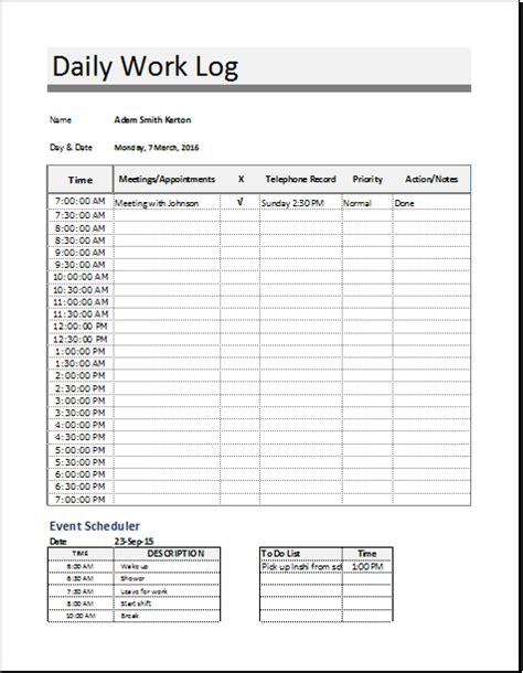 daily work log template for ms excel and openoffice document hub