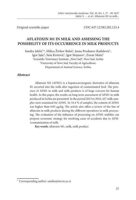 Pdf Aflatoxin M1 In Milk And Assessing The Possibility Of Its