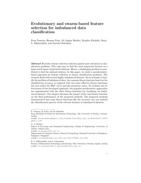 pdf evolutionary and swarm based feature selection for imbalanced