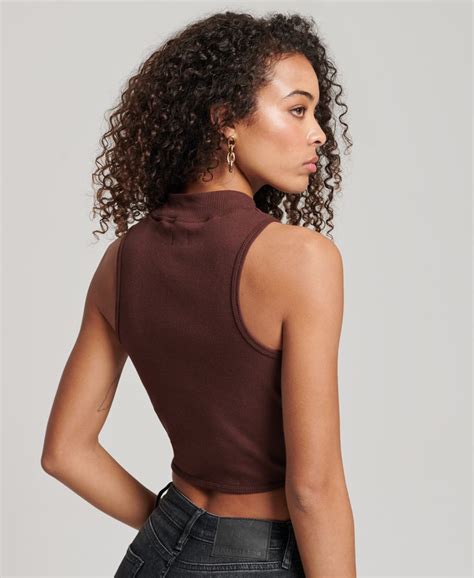 Womens Cropped Mock Neck Tank Top In Brown Chicory Coffee Superdry Uk