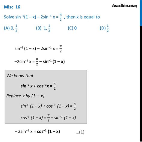 Solve Sin 1 1 X 2 Sin 1 X Pi 2 Then X Is Trigonometry Mcq