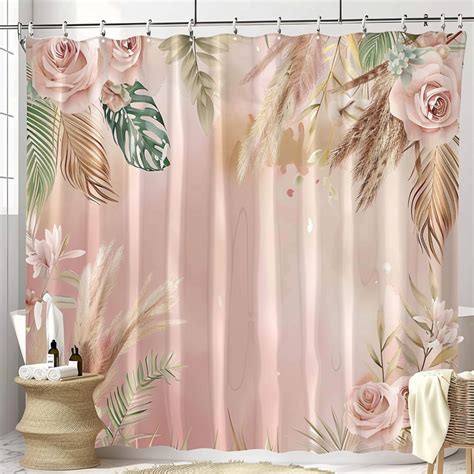 Boho Chic Floral Shower Curtain With Pampas Grass And Roses Watercolor
