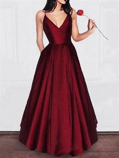 Burgundy Princess V Neck Ruffles Satin Prom Dress Red Satin Prom