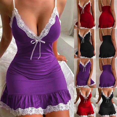 Fashion Women Sexy Spaghetti Straps Nightgowns Lace Sleeveless V Neck