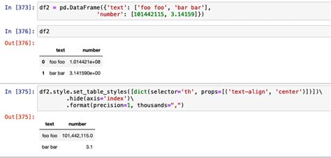 how to center align headers and values in a dataframe and how to drop