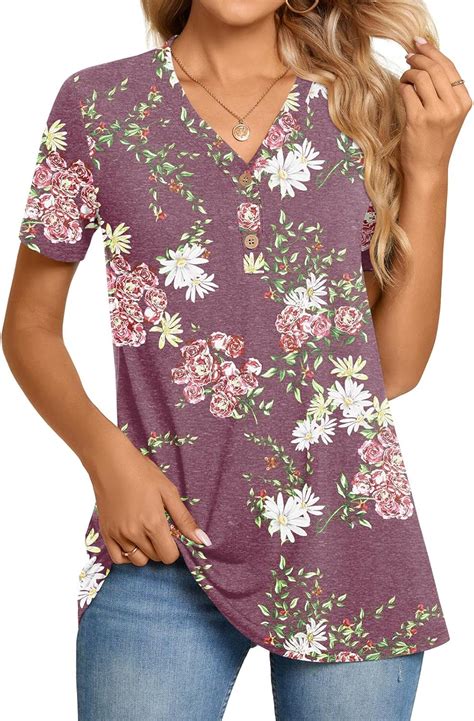 Bishuige Womens Henley Tunic Tops Button Up T Shirts Short