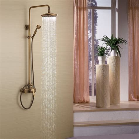 Antique Brass Tub Shower Faucet Exposed Pipe Shower With 8 Inch Shower