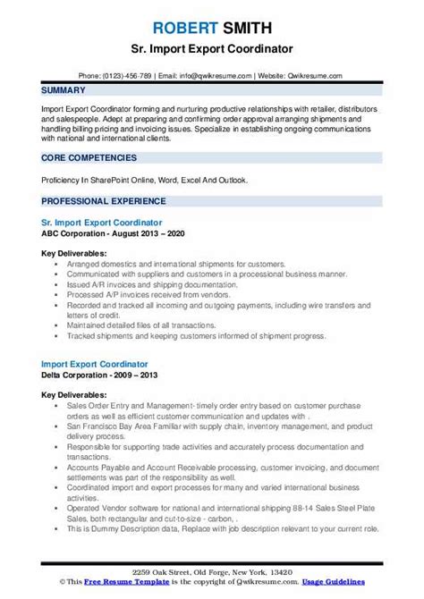 import export coordinator resume samples qwikresume