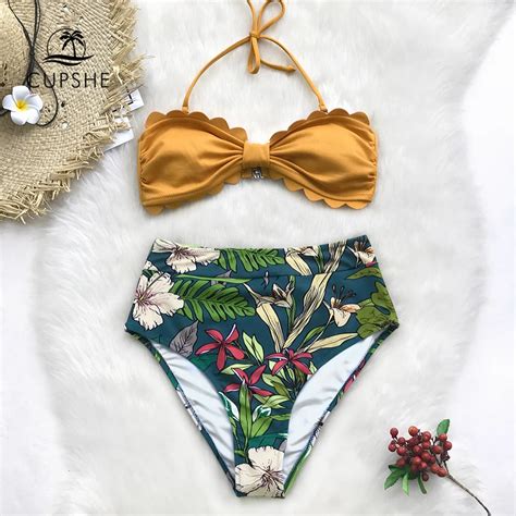 Cupshe Yellow And Floral Tropical Print High Waisted Bikini Sets 2019