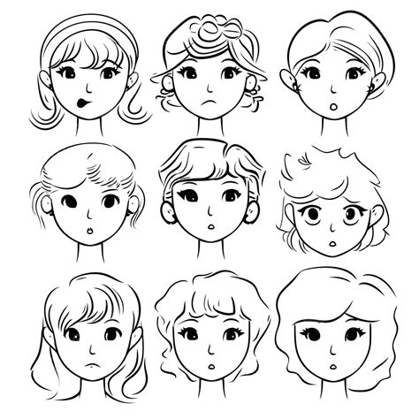 تواجه المرأة المتجهات مجموعة صفحات التلوين من 12 رسمًا إيضاحيًا مخططًا