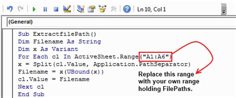 extract filenames from filepath in excel