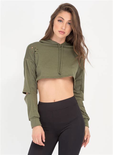 Slit Happens Cropped Cut Out Hoodie Olive Mocha Black