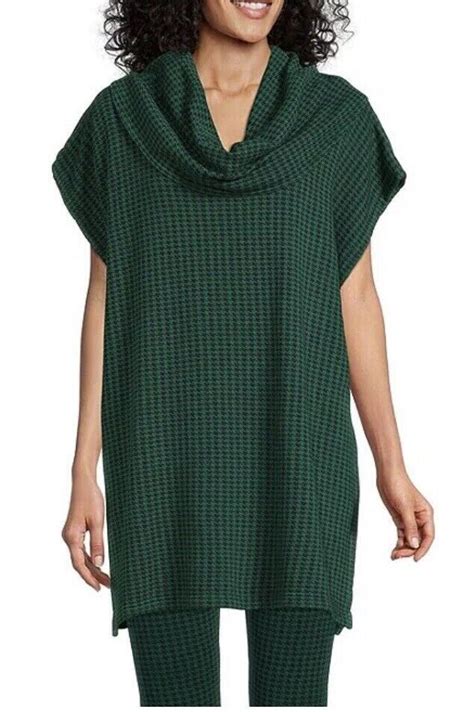 Bryn Walker Green Houndstooth Cowl Neck Bamboo Organic Cotton Knit Top