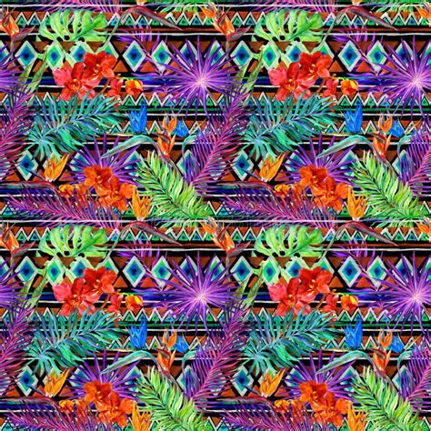Tropical Exotic Leaves Orchid Flowers Neon Light Seamless Pattern