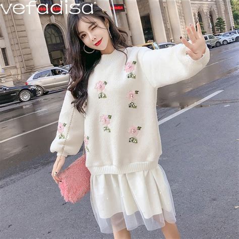 Vefadisa Flower Pearl Embroidery Sweater Women White Pink Fake Two